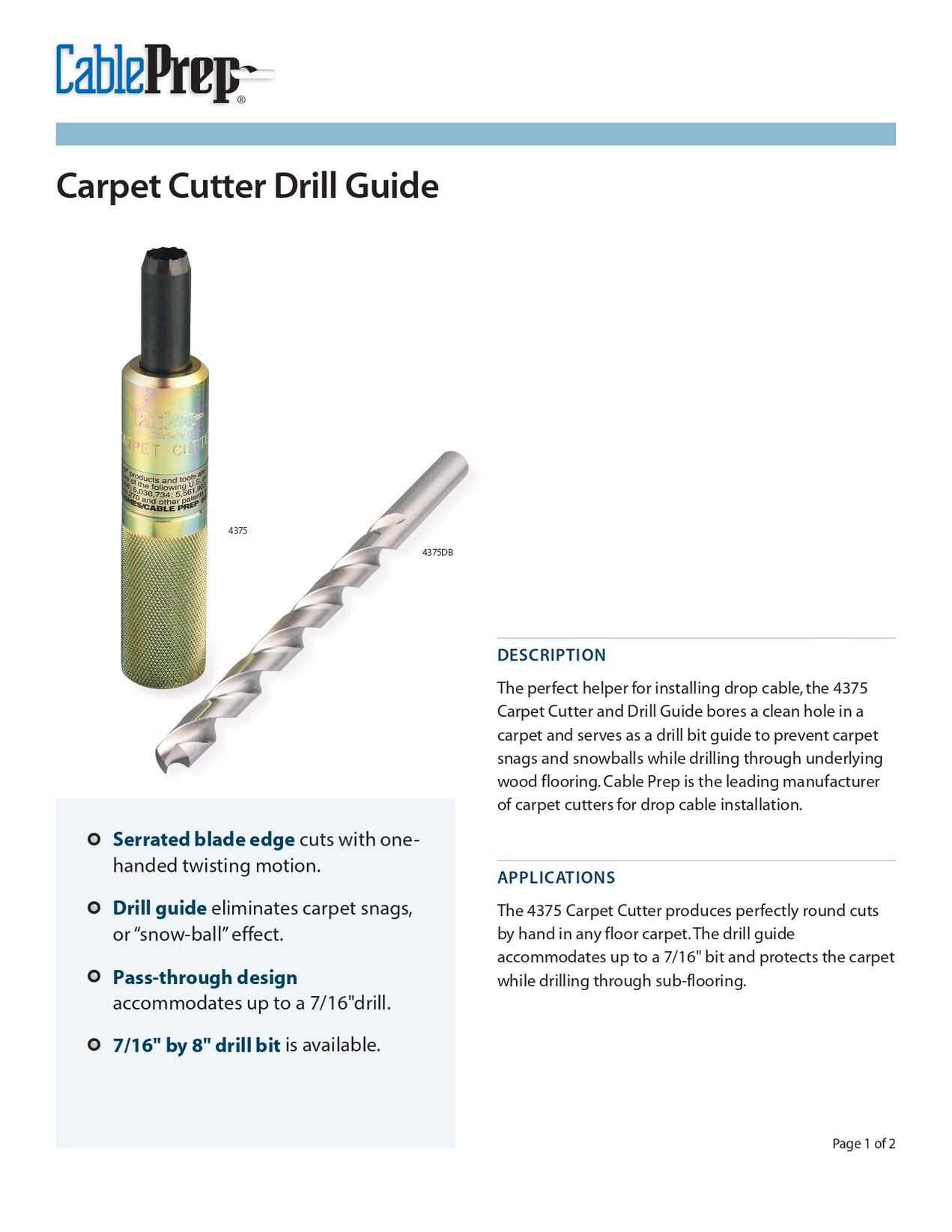 Cable Prep 4375DB Long 7/16" Drill Bit for 4375 Carpet Cutter ...